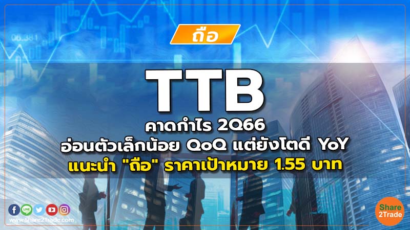TTB คาดกำไร 2Q66 อ่อนตัวเล็กน้อย QoQ แต่ยังโตดี YoY แนะนำ "ถือ" ราคาเป้าหมาย 1.55 บาท | Share2Trade